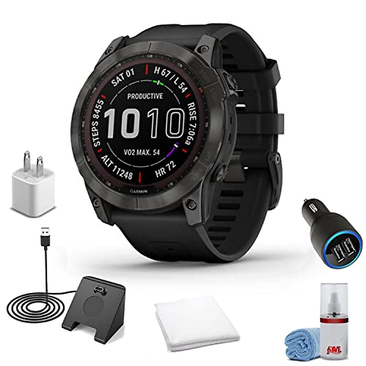 Garmin Fenix 7X Sapphire Solar Edition Smart Watch Carbon Gray Titanium with Black Band (51mm) + Watch Charging Stand + USB Car/Wall Adapter + 6TH AVE Cleaning Kit + Sweat Workout Towel (010-02541-10)