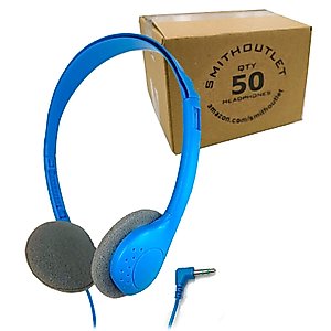 SmithOutlet 50 Pack Classroom Headphones in Bulk | Model SG-ID19-50 | Wired 3.5 MM Jack Connectivity | Color Blue | Ideal for Schools, Classrooms, Students, Library