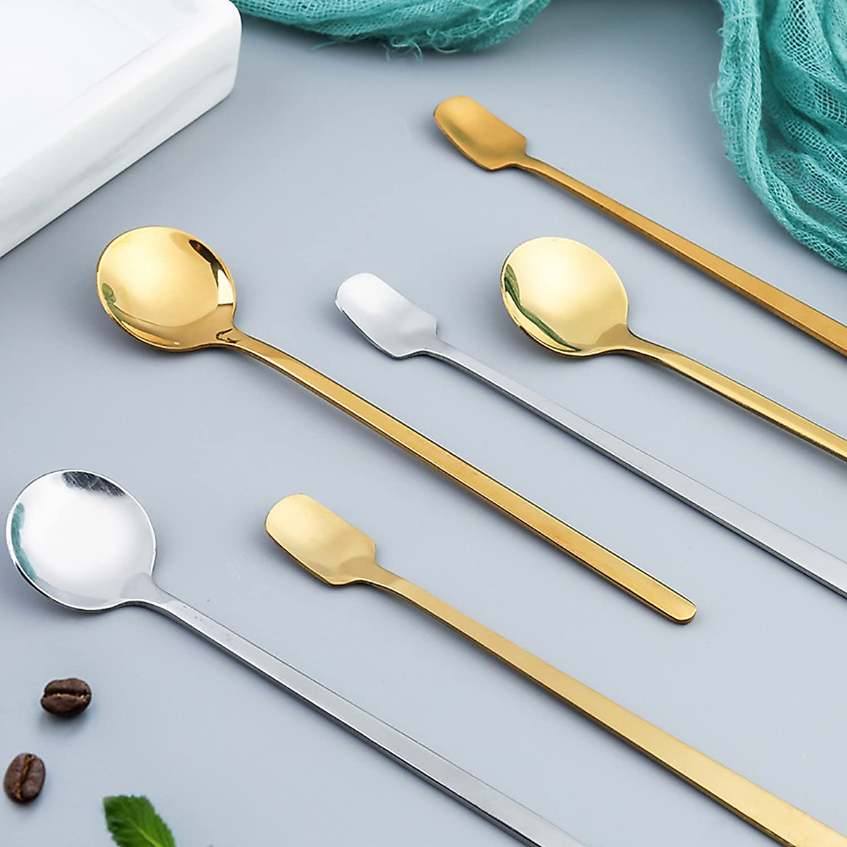 Stainless Steel Coffee Spoons, 6.7 Inch Stirring Spoons, Cocktail Stirring Spoons for Coffee Tea Dessert Cake Ice Cream Cappuccino (Round-Gold-1Pack)