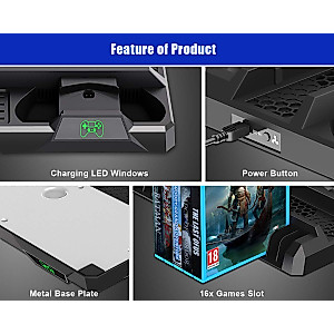 ElecGear Vertical Stand for PS4, Charging Station with Cooling Fan, Charger Dock for DualShock 4 Controller, 16x Games Blu-ray Storage Bracket Accessories Kit for Playstation 4, PS4 Pro, PS4 Slim