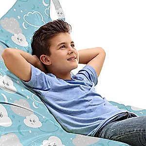Lunarable Childish Lounger Chair Bag, Sky Theme Humanlike Clouds with Crescent and Stars Pattern, High Capacity Storage with Handle Container, Lounger Size, Sky Blue Pale Grey