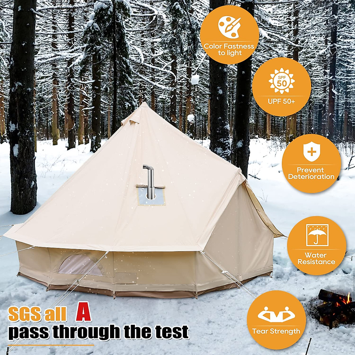 ONLYCTR Bell Tent for Camping, Luxury Cotton Tent, Yurt Canvas Tent with Stove Jack, Outdoor Canvas Bell Tent for 4/6/8 Person Family 4 Season Camping (16.5' (5M), Beige)