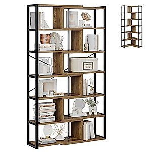 HITHOS Industrial 7-Tier Rotating Bookshelf, Double Wide Bookcase, Open Etagere Bookcase, Wood Corner Shelf with Metal Frame, Tall Storage Display Rack for Home Office, Living Room, Rustic Brown