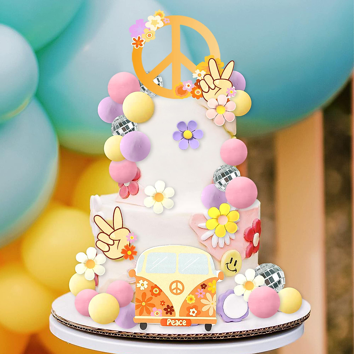 45 PCS Groovy Cake Toppers Boho Cake Topper Hippie Party Decorations with Flower Bus for Girl Birthday Party Boho Groovy Party Supplies (Style 1)