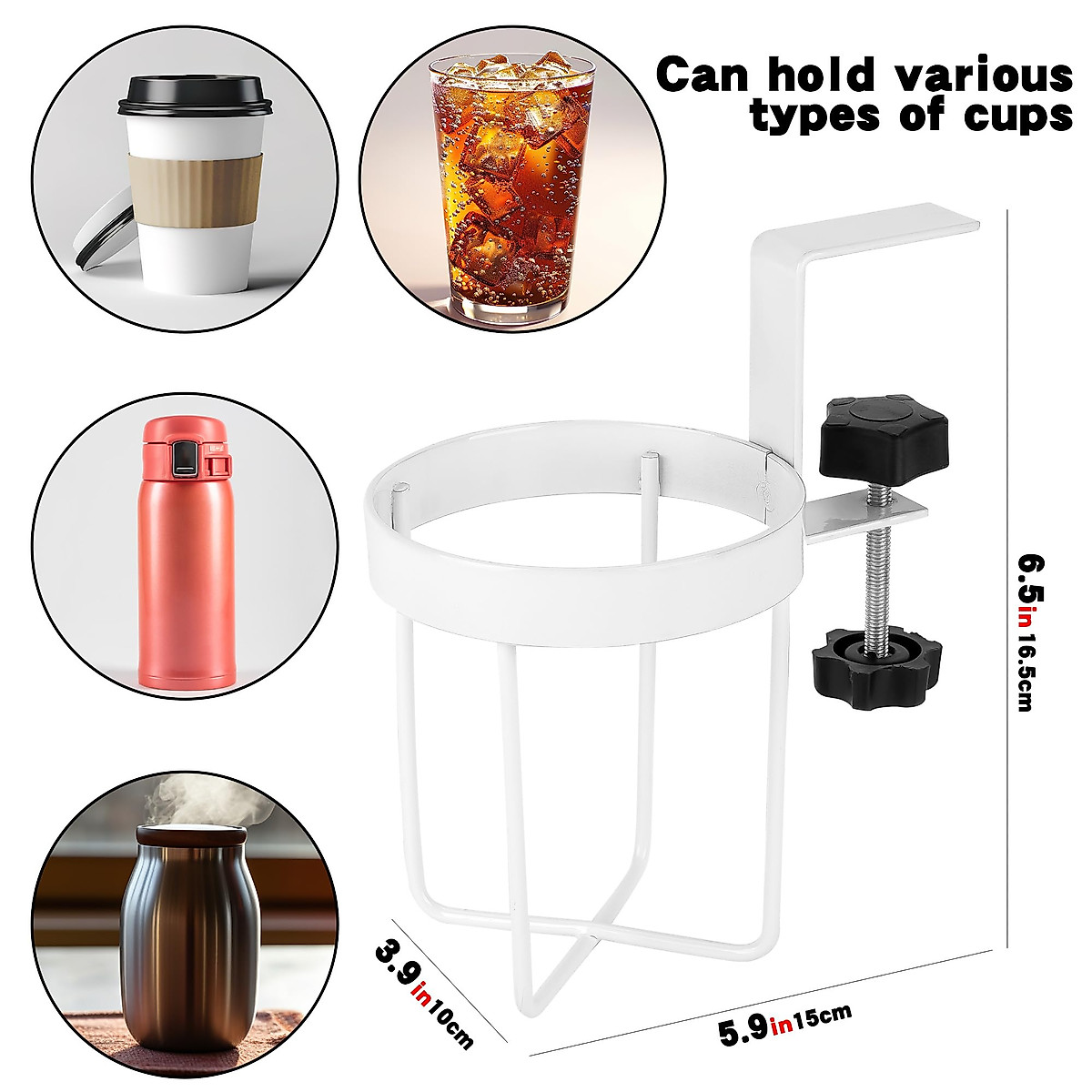 GlobleGarden Desk Cup Holder, White Metal Drinking Bottle Stand Clip, Desk Storage Rack, Tableside Teacup Fixing Clip, Table Edge Cup Holder Clip (White)