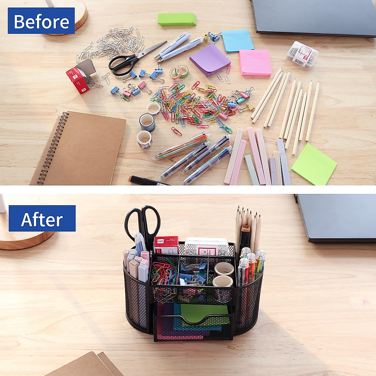 EOOUT Desk Organizers and Accessories, Pencil Holder for Desk, Mesh Office Desk Accessories with 8 Compartments and 1 Drawer Stationery Holder School Supplies