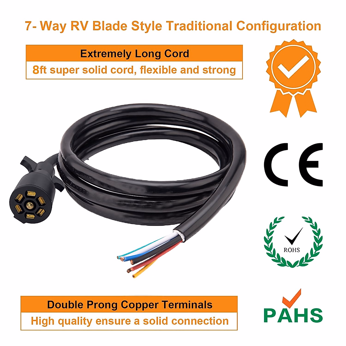 CXTM 7 Way Trailer Cord, Heavy Duty 7 Way Trailer Plug Inline Cord Wire Harness Cable Double Prongs Connector 7 pin Trailer Wiring Harness 8 Feet for Camper Blade Molded RV Cable Wire(8ft)