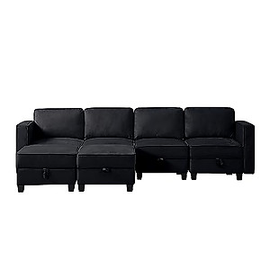 Goohome 116'' Modular Sectional, U-Shaped Velvet Convertible, Minimalist Modern 6 Seater Sleeper Couch with Chaise Ottomans, Sofa Sets, for Living Room, Bedroom, B-Black