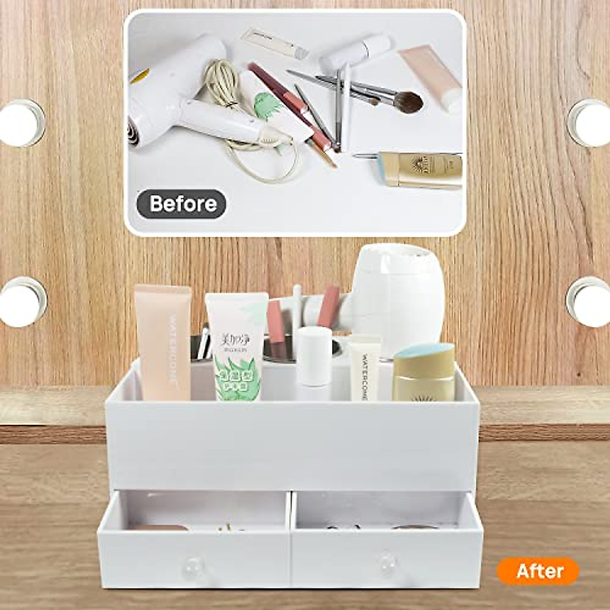 Keep-IT-Sleek Hair Tool Organizer with 2 Drawers & a Silicone Mat, White Acrylic Blow Dryer Holder for Bathroom, Countertop, & Vanity with 3 Heatproof Steel Cups