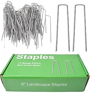 MySit 6" Galvanized Landscape Staples Garden Stakes Pins 100 Pack, Heavy-Duty 11 Gauge Garden Staples Anti-Rust Fence Stakes for Anchoring Weed Barrier Fabric Irrigation Tubing Soaker Hose