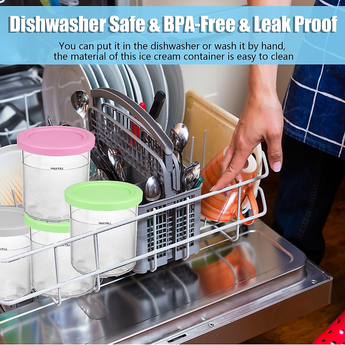 4pcs Ice Cream Pint Containers Replacement for Ninja Creami Pints and Lids, Compatible with NC301 NC300 NC299AMZ Series Ice Cream Maker, Dishwasher Safe & BPA-Free Leak Proof Ice Cream Container Box