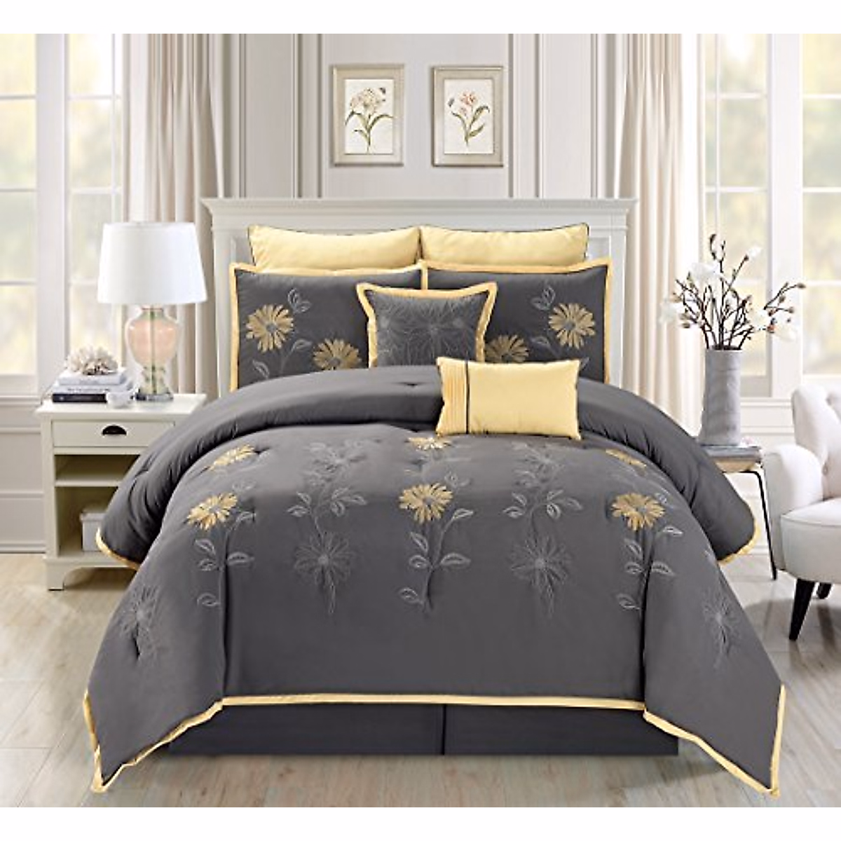 Grand Linen 7 Piece Modern Oversize Grey with Yellow Sunflower Embroidered Comforter Set Queen Size Bedding