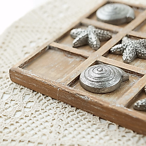 NIKKY HOME Wood Board Travel Game Beach Tic Tac Toe for Fun, Coastal Beach House Coffee Table Decor 8.93 x 8.93 x 1.26 inches - Silver