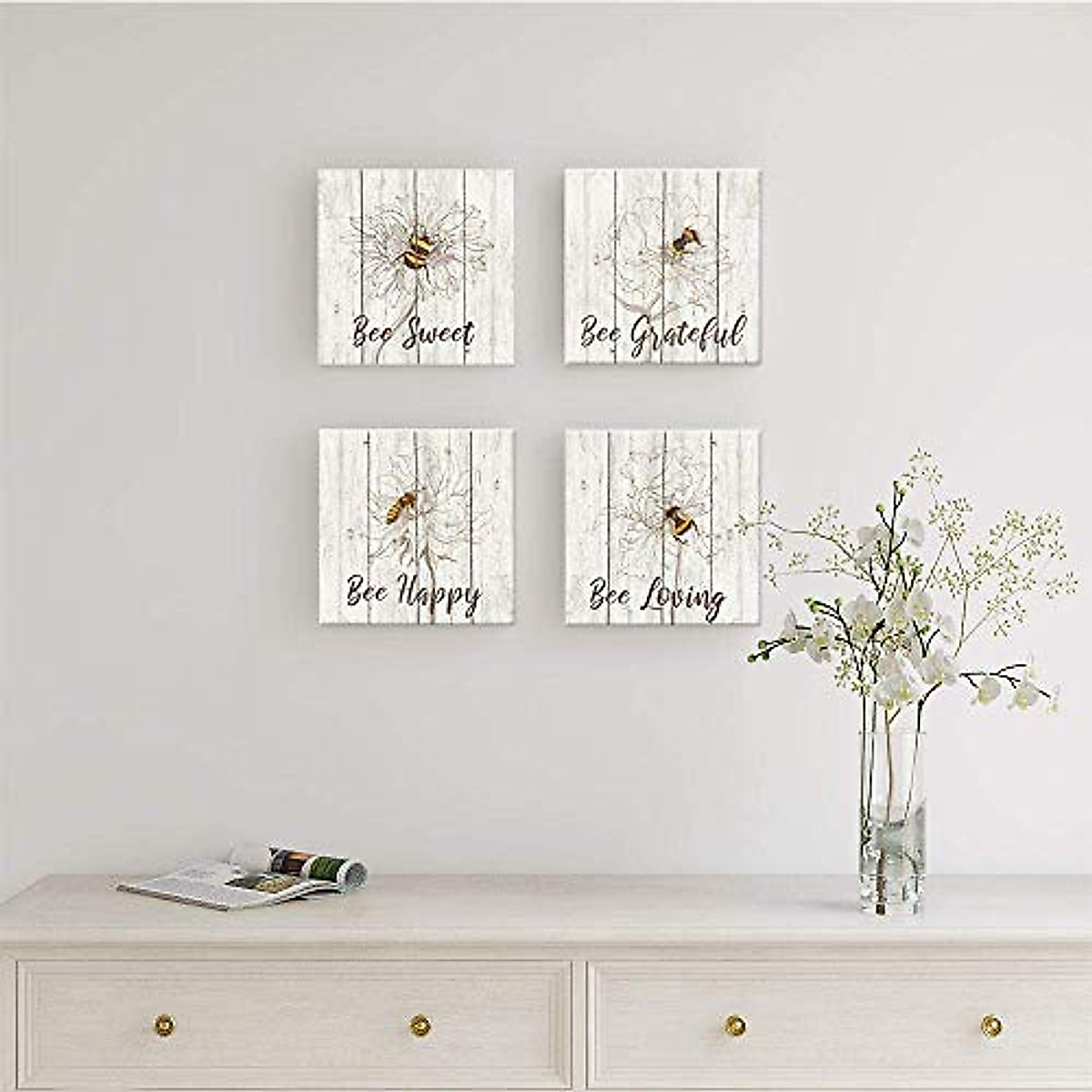 Takfot Bee Wall Decor Inspirational Wall Art Farmhouse Rustic Bathroom Decor, Motivational Quotes Brown Canvas Pictures for Bedroom Living Room Office,12"x12", set of 4
