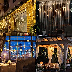 CSX Solar String Lights 138LED Moon Star Twinkle Lights with Remote 8 Lighting Modes Curtain Lights Window Lights Hanging Fairy Lights Outdoor Waterproof for Yard Garden Patio Ramadan Christmas Decor