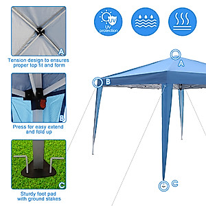 10 x 10 FT Pop Up Canopy Tent, Foldable & Adjustable Height, Stable Steel Frame Easy Set-up Outdoor Tent, Portable Carrying Bag, for Parties, Picnics & Camping, Blue
