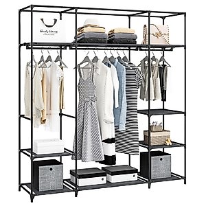Hzuaneri Closet Wardrobe, 64-inch Portable Closet for Bedroom, 3 Clothes Rail with 9 Compartments Shelves, Freestanding Clothes Storage Organizer for Cloakroom, Black WH0203