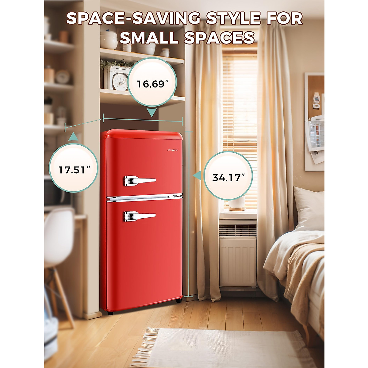 Anypro 3.2 Cu.Ft Compact Refrigerator Mini Fridge with Freezer, 2 Door Retro Small Refrigerator with Freezer, 7 Level Thermostat & Removable Shelves, Mini Fridge for Bedroom Office Apartment Dorm Bar