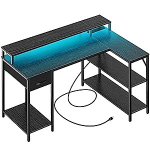SUPERJARE L Shaped Gaming Desk with LED Lights & Power Outlets, Reversible Computer Desk with Shelves & Drawer, Corner Desk Home Office Desk, Black