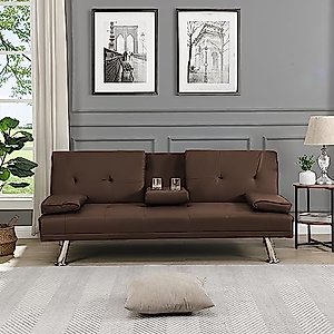 Eafurn Convertible Futon Bed with 2 Cup Holders, Modern Split-Back Folding Loveseat Sleeper w/Adjustable Backrest,Small Sofa & Couches Sofabed, Brown PU