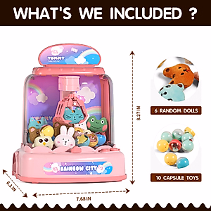 DOLIVE Mini Claw Machine for Kids，Electronic Dispenser Arcade Game Toys,Kids Vending Pink Machines with 6 Dolls 10 Capsule Toys, Grabber Plush,Adjustable Sounds and Music, Gifts for Girls