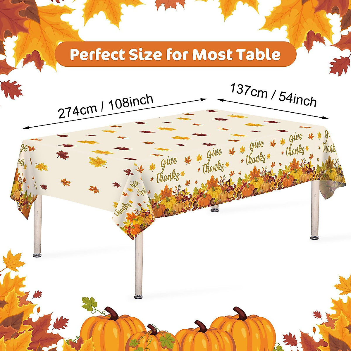 3 Pcs Thanksgiving Tablecloth - Give Thanks Plastic Table Cloth Disposable Rectangular Fall Pumpkin Maple Leaves Table Cover for Thanksgiving Day Party Decorations Table Decor Supplies,108 x 54 Inch