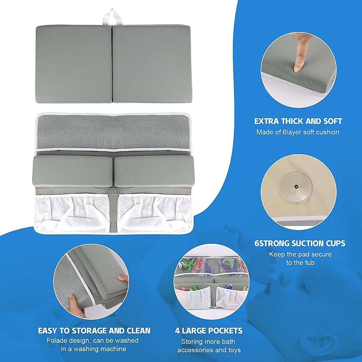 Baby Bath Kneeler and Elbow Rest Pad Set, Super Thick Non-Slip Bathing Kneeling Mat Quick Drying Foldable Knee Pad for Bathing Babies and Toddler Bathing with Toy Organizer Pockets, Gray