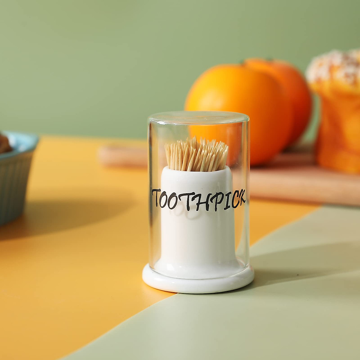 LEETOYI Porcelain Toothpick Holder Dispenser with Glass Lid Set of 2