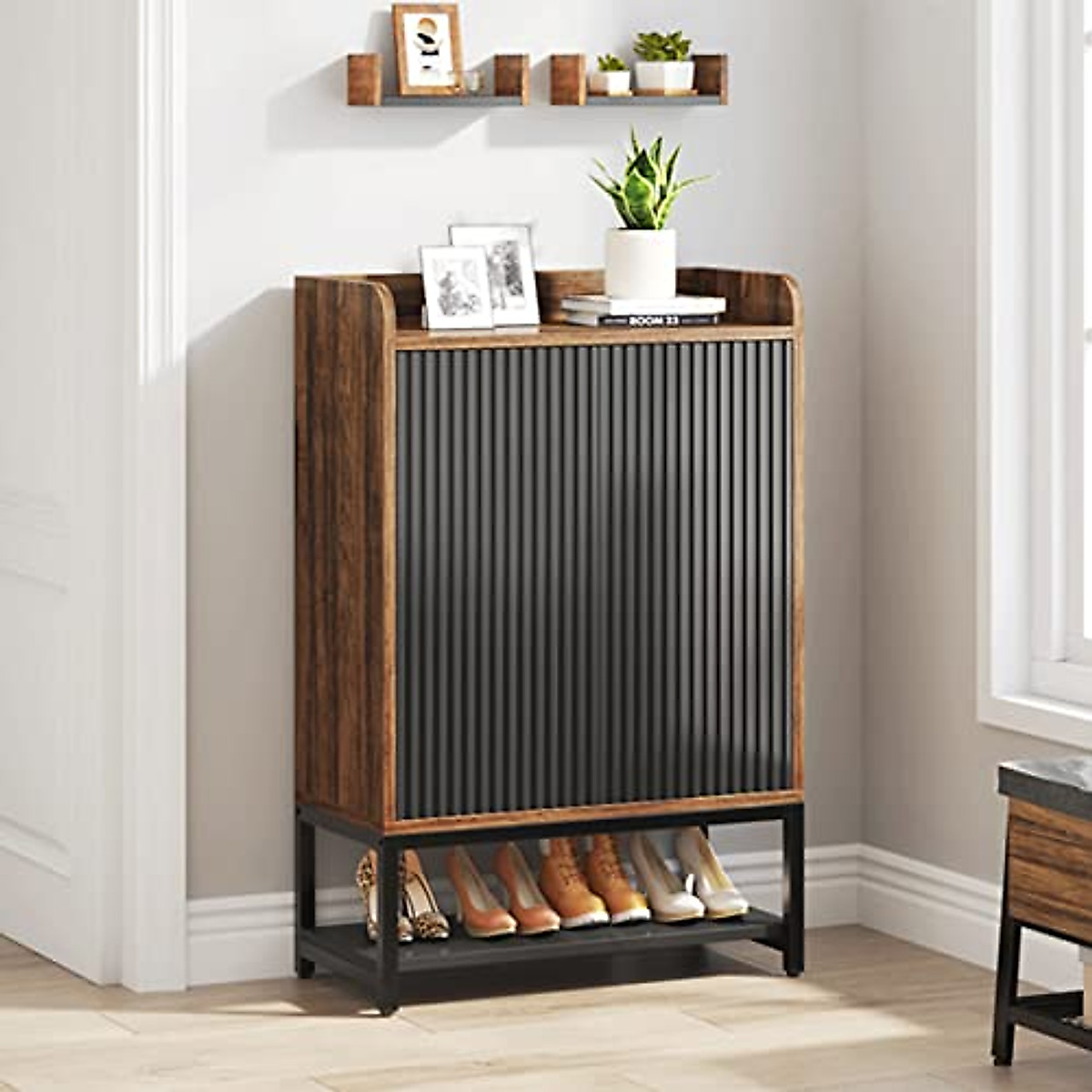 Tribesigns Shoe Cabinet with Doors, 5-Tier Shoe Storage Cabinet for Entryway Hallway, Wooden Shoe Rack Organizer Cabinet for 15-20 Pair of Shoes, Black and Brown (1)