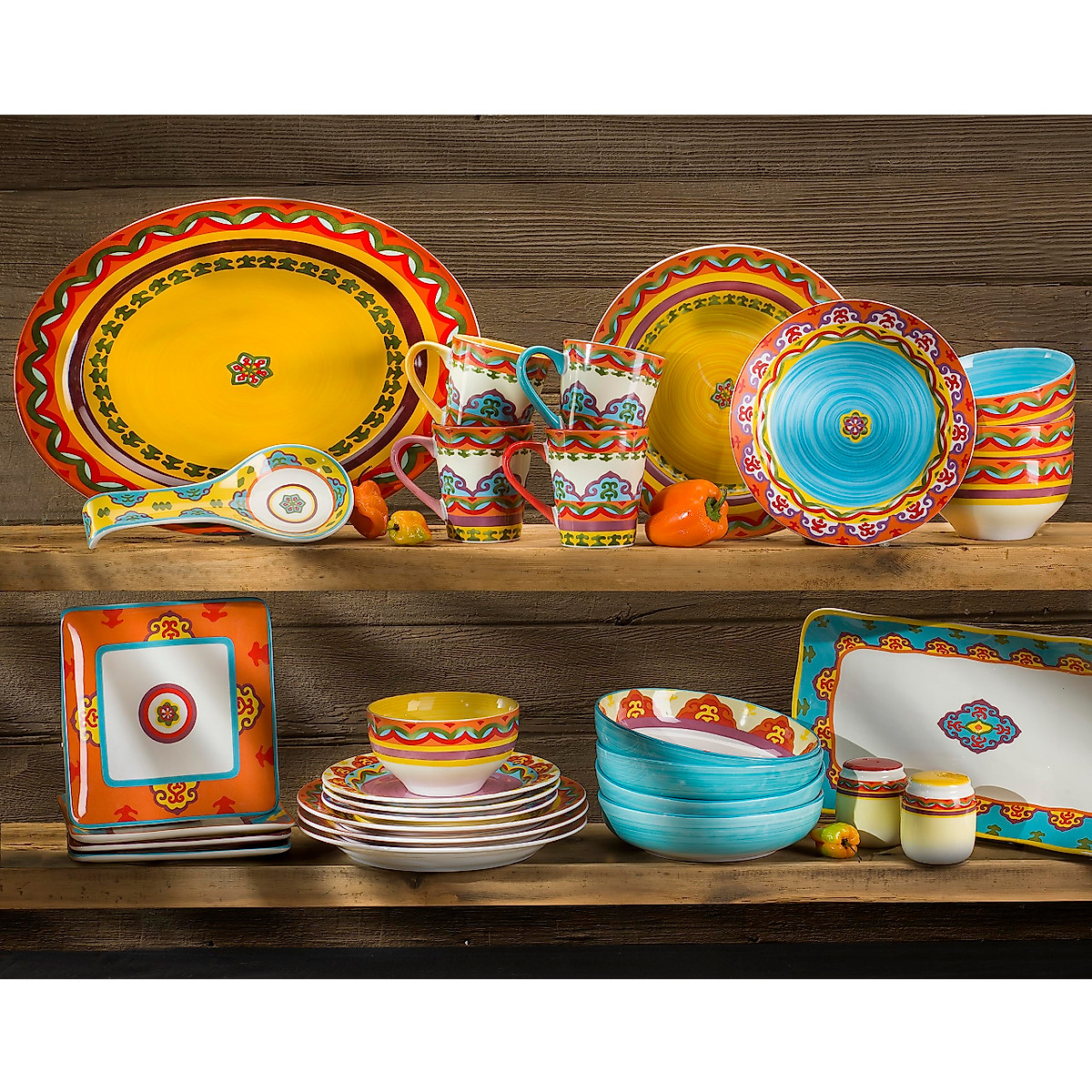 Euro Ceramica EC-GAL-1001 Galicia Collection Andalusian-Inspired 16 Piece Dinnerware Set, Vibrant Assorted Patterns, Multicolor