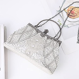 AIJUN Women's Vintage Beaded Evening Bag Sequin Clutch Purses for Women Wedding Clutches Prom Cocktail Party Handbags(Silver)