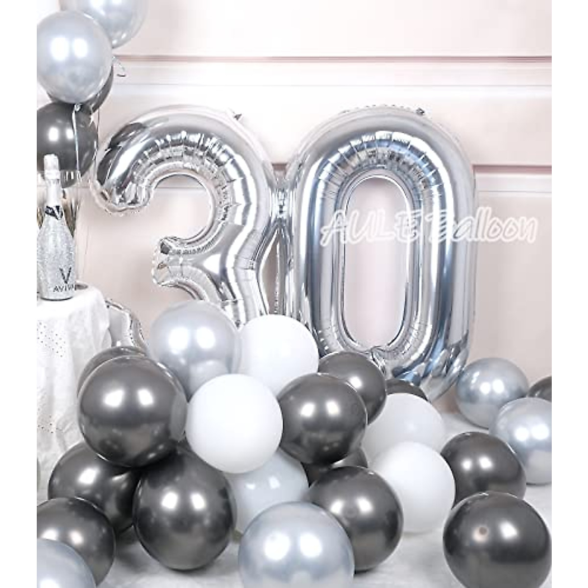 AULE 40 Inch Jumbo Silver Foil Mylar Number Balloons for Men Women 30th Birthday Party Decorations 30 Years Old Anniversary Party Supplies