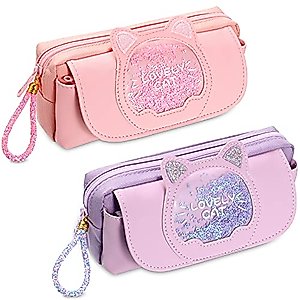 2 Pieces Big Capacity Pencil Case Cute Cat Large Capacity Pencil Pouch Portable Pencil Pouch Stationery Storage Organizer Pencil Box Pen Holder Bag for School Student Present, Pink and Purple