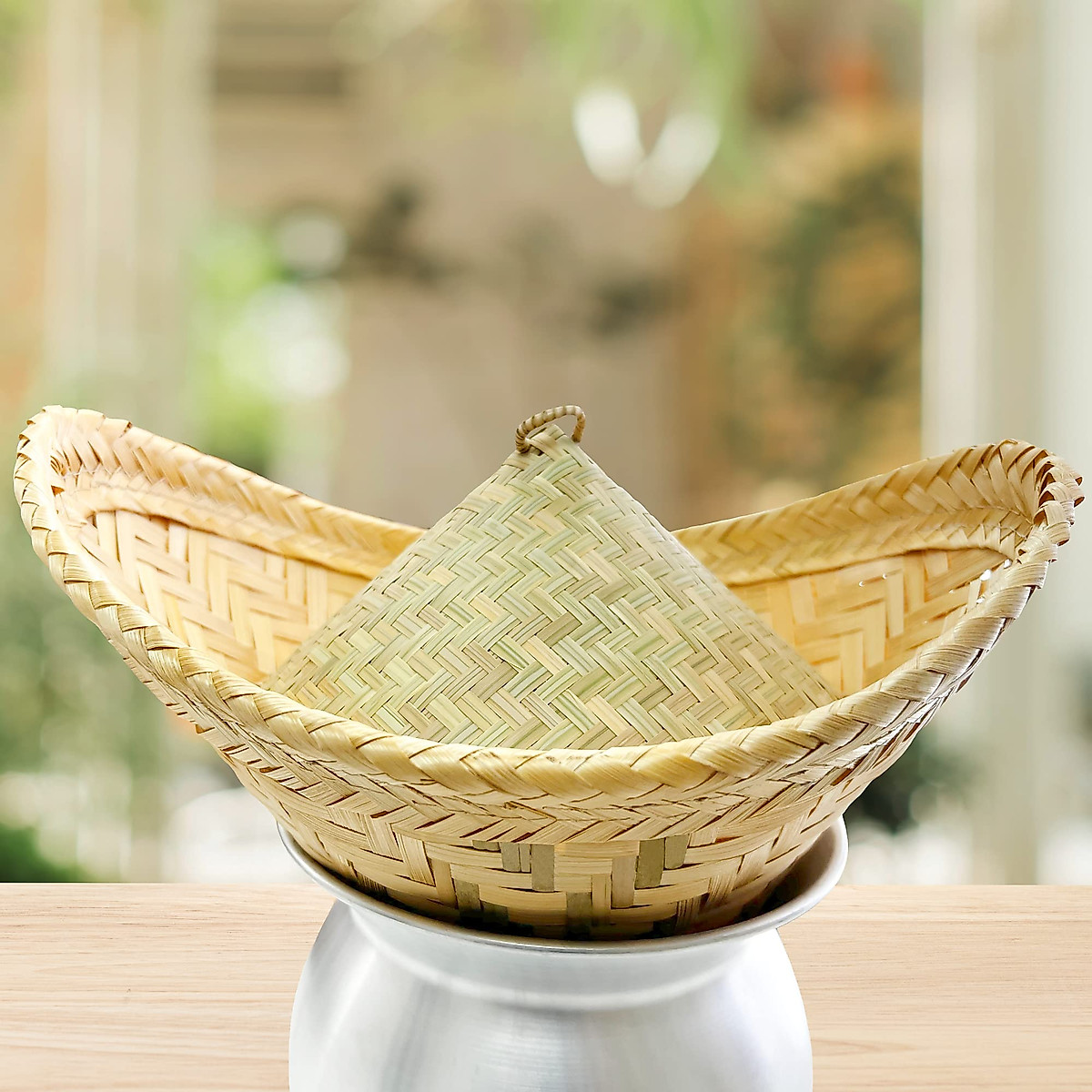 PANWA Sticky Rice Cooking Set Bamboo Steamer Basket with 24’’ Cheesecloth, Wicker lid, and Kratip Chocolate Toned
