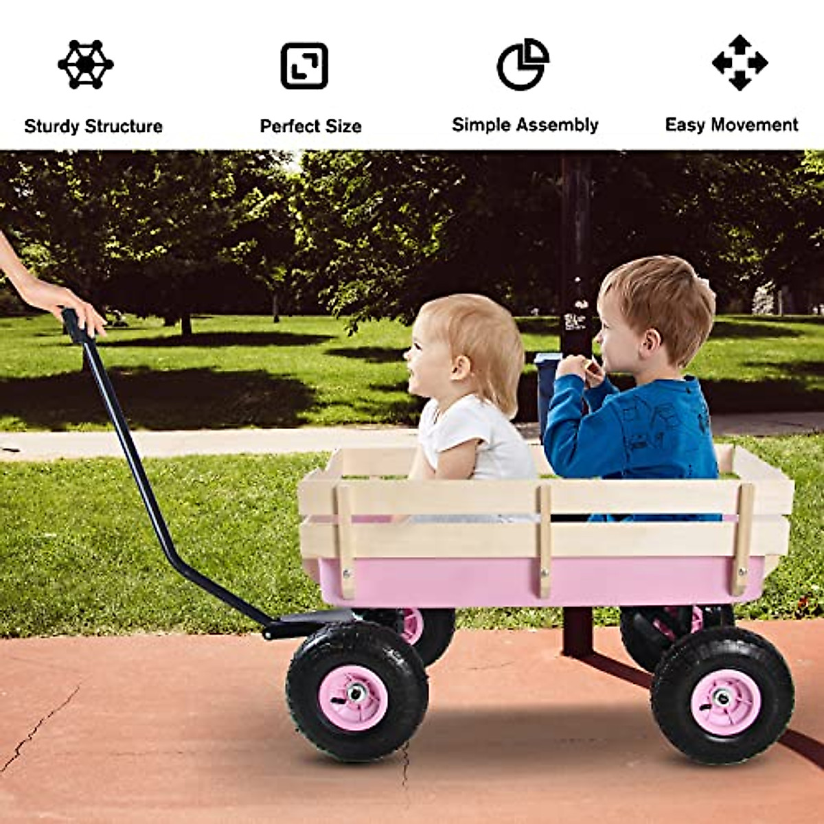 All Terrain Wagons for Kids Wagon with Removable Wooden Side Panels Garden Wagon Cart Heavy Duty with Steel Wagon Bed Folding Wagons for Kids/Pets Ideal Gift for Kids for Halloween Christmas, Pink