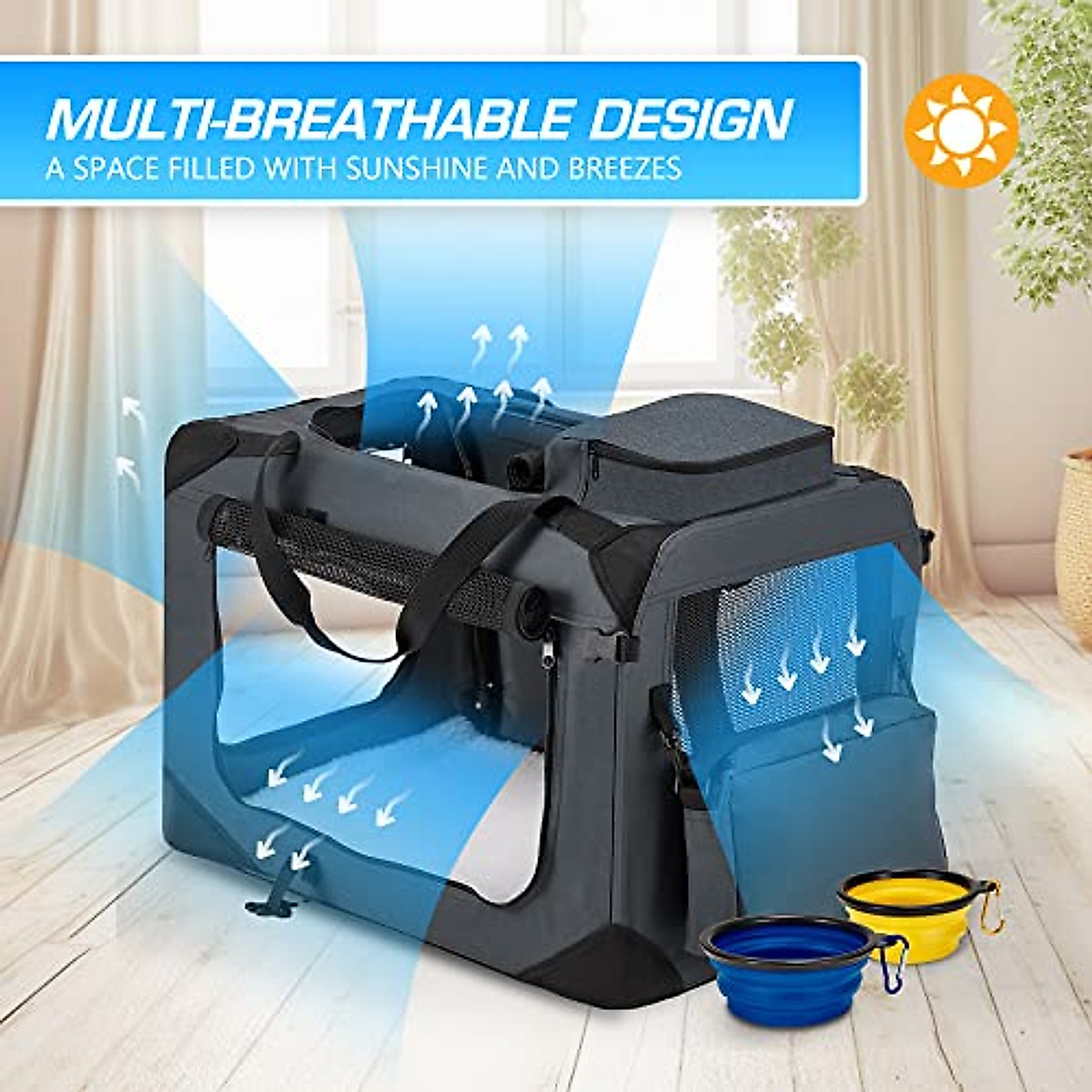 Hombanyan Portable Dog Crate, Collapsible Dog Travel Crate 32x23x23 Inches with Soft Warm Blanket,2 Bowls,2 Pockets,3 Breathable Meshes,Pet Carrier Bag for Cats Dogs Puppies Kittens Indoor & Outdoor…