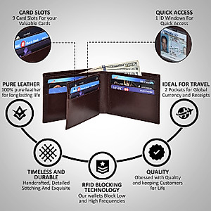 NeoMonte Genuine Leather Minimalist Wallet with RFID protection 9 Credit Card and 2 ID Slots, Sleek Bifold Wallet for Men