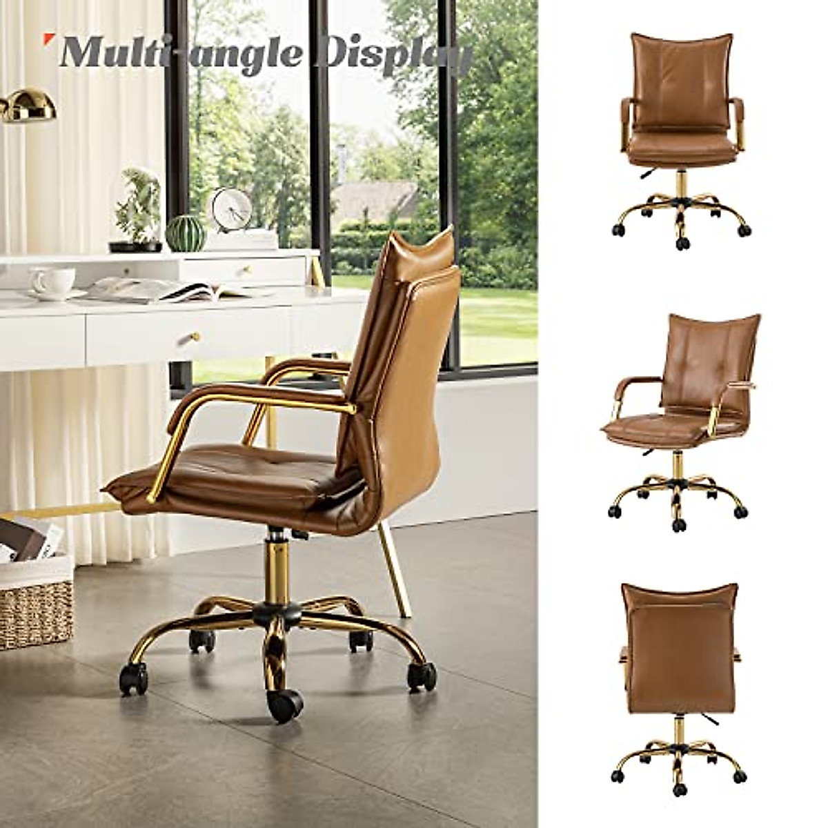 HULALA HOME Faux Leather Home Office Desk Chair, Adjustable Swivel Computer Chair with Golden Legs and Arms, Comfy Upholstered Task Chair,Camel