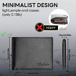 Travelambo Black Wallet for Men, Premium Genuine Leather RFID Blocking Mens Wallet, 10 Credit Card Holder Minimalist Front Pocket, Mens Bifold Wallet with 2 ID Window