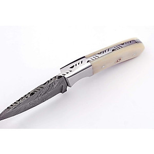 GladiatorsGuild DH76 Custom Made Full Tang Skinner Fixed Blade Small 8" Skinning Knife with Sheath Damascus Steel Pattern Welded DH76 (White)