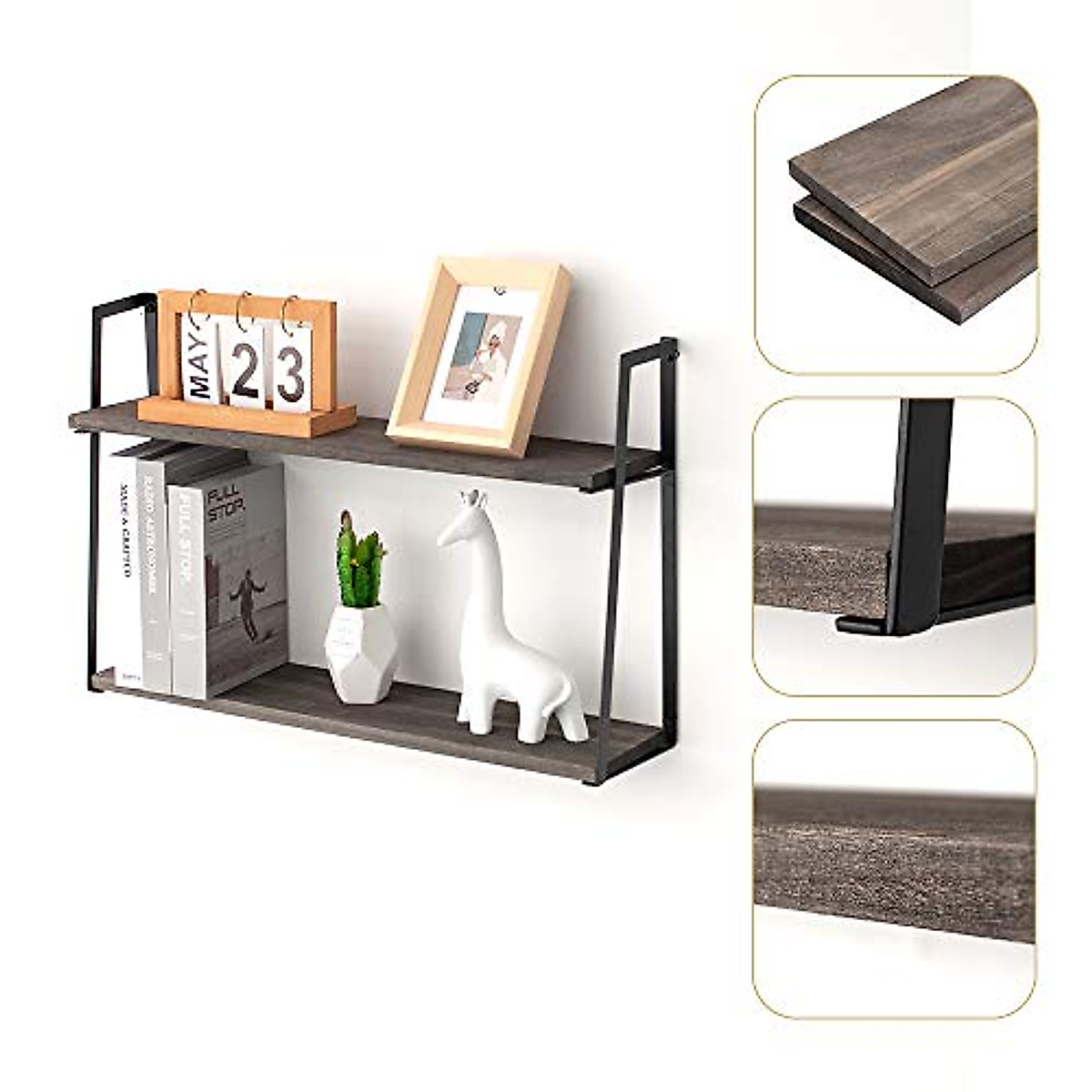 Coral Flower Floating Wall Shelves, 2-Tier Rustic Space-Saving & Decorative Wood Hanging Shelves Wall-Mounted Shelves Corner Shelves for Bedroom, Bathroom, Living Room, Kitchen