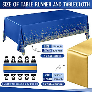 Breling 8 Pack Navy Blue and Gold Disposable Plastic Tablecloths and Satin Table Runner Set, 54 x 108 Inch Tablecloth, 12 x 108 Inch Table Runners for Wedding Graduation Birthday Baby Shower New Year