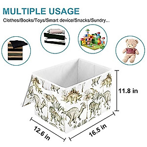 CaTaKu Dinosaurs Jungle Leaves Storage Bins with Lids Fabric Large Storage Container Cube Basket with Handle Decorative Storage Boxes for Organizing Clothes Shelves