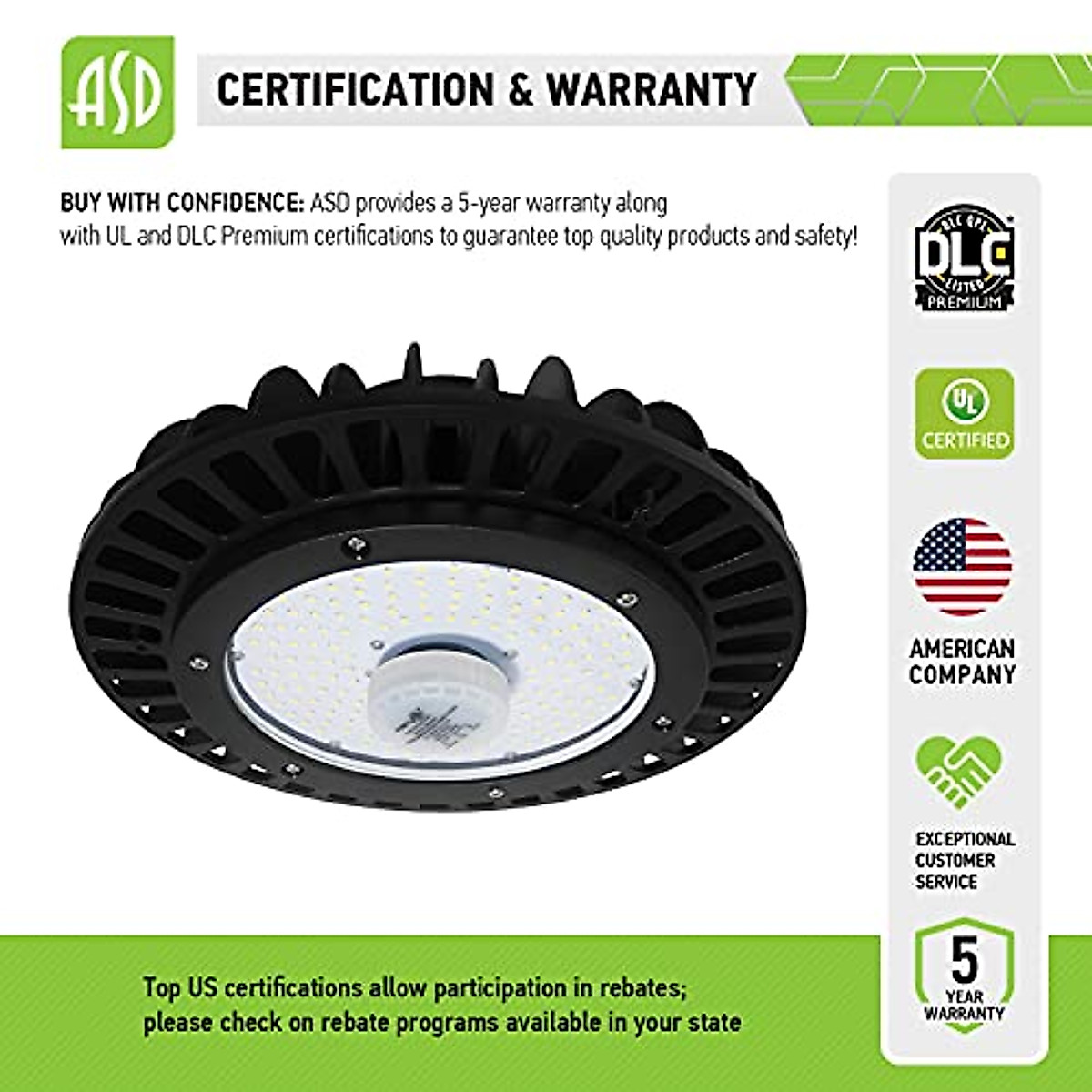 ASD UFO High Bay LED Shop Light Fixture with Motion Sensor, 150 watt 22912lm 5000K, 1-10V Dimmable, 120V 277V Work Light, Commercial Bay Lighting, Waterproof, Safety Cable Included UL/DLC Premium