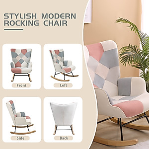 KGOPK Accent Rocking Chair, Mid Century Fabric Rocker Recliner Chairs with Wood Legs and Patchwork Linen for Livingroom Bedroom, Pink
