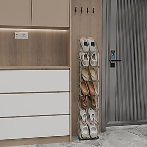 XIOUHM Elegant Shoe Rack 7 Tier Vertical Shoe Storage Organizer Holder Space Saving Free Standing Luxurious Narrow Shoe Shelf for Closet Garage Entryway and Front Door Entrance (Transparent Black)