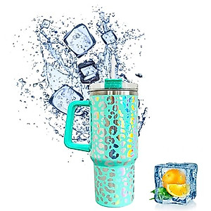Holographic Leopard Tumbler 40 oz with Handle, Water Bottle, Gifts for Women & Men, Insulated Cup with Lid and Straw, Simple Modern, Water Bottles & Stanley Cups Trending Tumbler Gift 3D Green