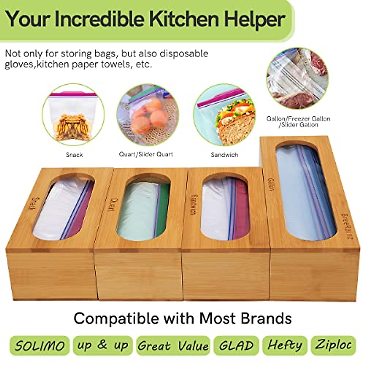 Bamboo Ziplock Bag Organizer for Drawer, BreeRainz Zip Lock Sandwich Bag Organizer, Food Storage Bag Organizer Combo for Quart Slider Gallon Snack Sizes