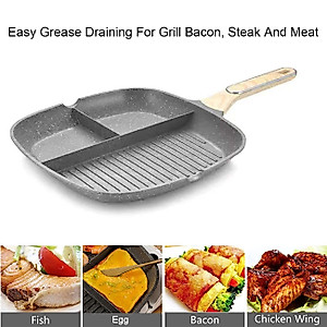 JUSTUP Nonstick Grill Pan, 3-in-1 Egg Pan 11 Inch Non Stick Skillet Pan, Heat Resistant Handle 3 Section Skillet Pancake Pan, Divided Pan Cooking Pan for Breakfast, Egg, Bacon and Burgers