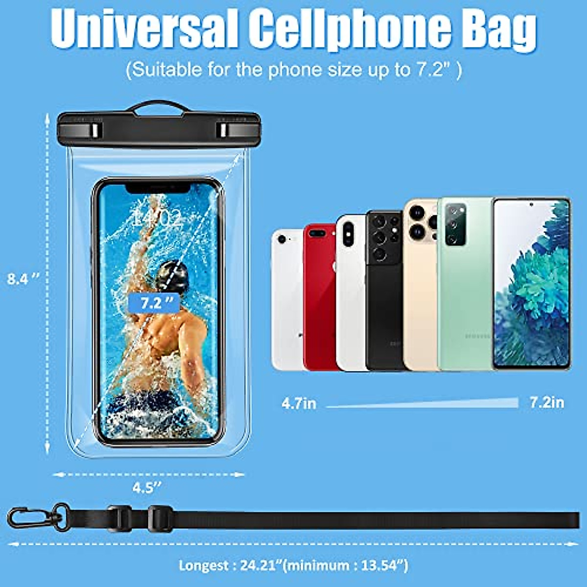 takyu Waterproof Phone Pouch, Universal Premium PVC Waterproof Cell Phone Case Dry Bag Compatible for iPhone 14,13,12 11 Pro Max Plus Mini & Other Smartphones Up to 7 inches (Black,Black/2 Pcs)